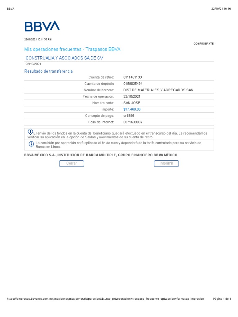 Comprobante De Transferencia Bbva Pdf