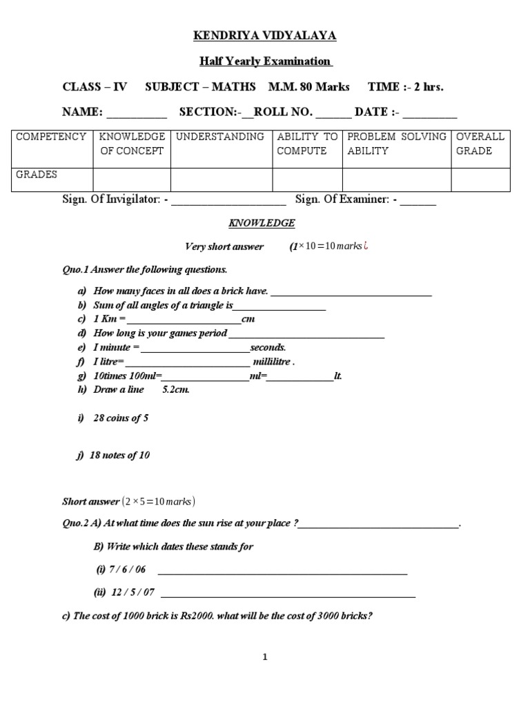 4 Math Half Yearly Exam.-1 | PDF | Teaching Methods & Materials