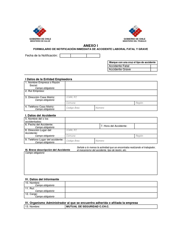 PSG-25.A0105.01 FORMULARIO DE NOTIFICACIÓN INMEDIATA DE ACCIDENTE LABORAL FATAL Y GRAVE | PDF