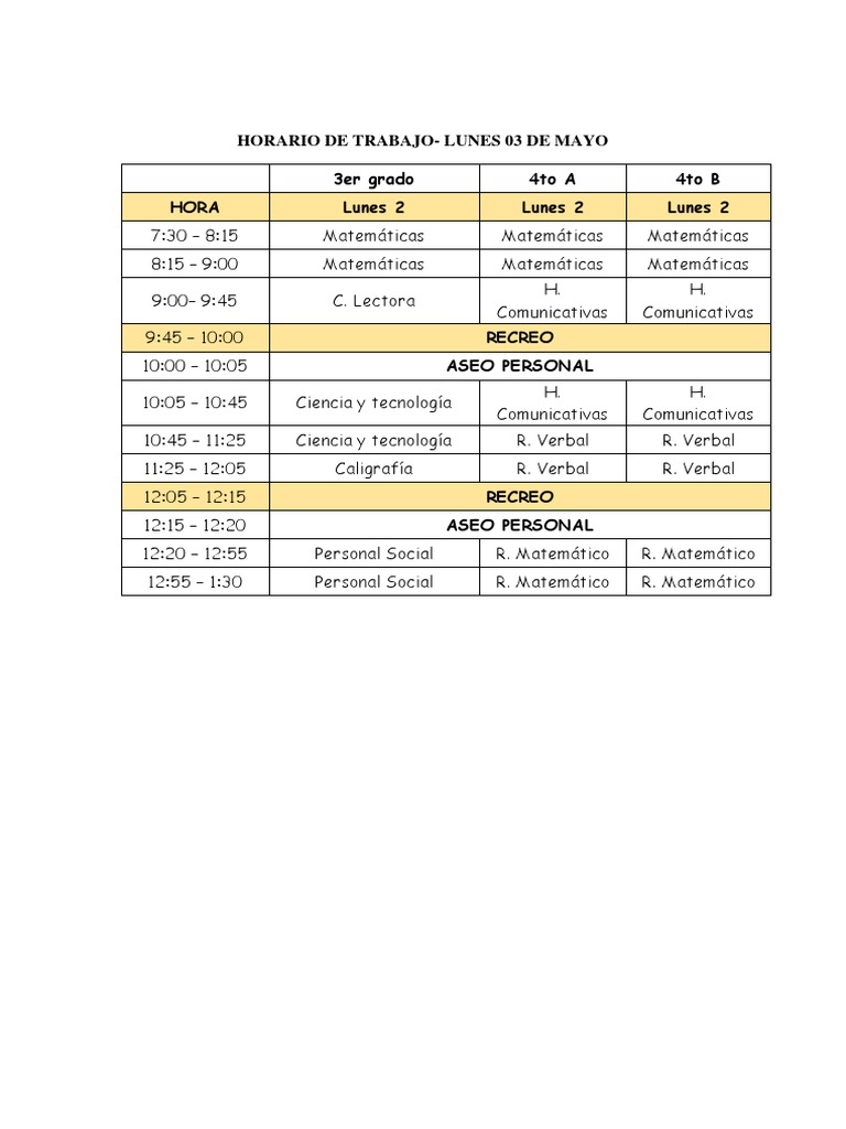 Horario de Trabajo-Lunes 03 de Mayo 3er Grado 4to A 4to B Hora Lunes 2 Lunes 2 Lunes 2 | PDF