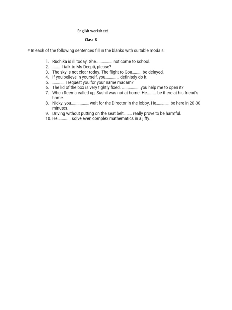English Worksheet Class-8 | PDF