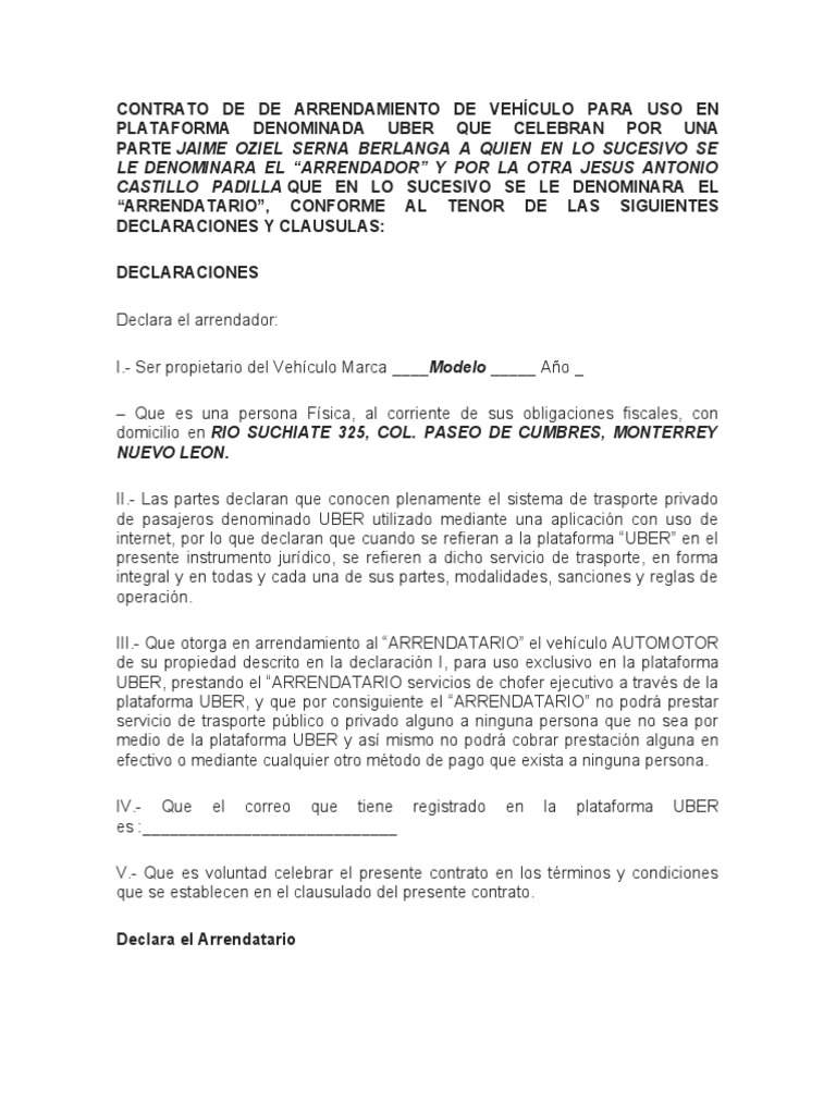 Contrato de de Arrendamiento de Vehículo para Uso en Plataforma Denominada Uber Oziel Serna ...