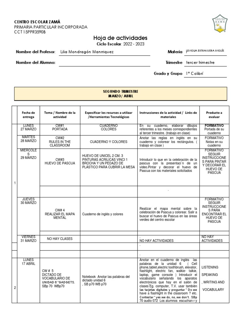 Hoja de Actividades: Primaria Particular Incorporada CCT 15PPR3590B | PDF
