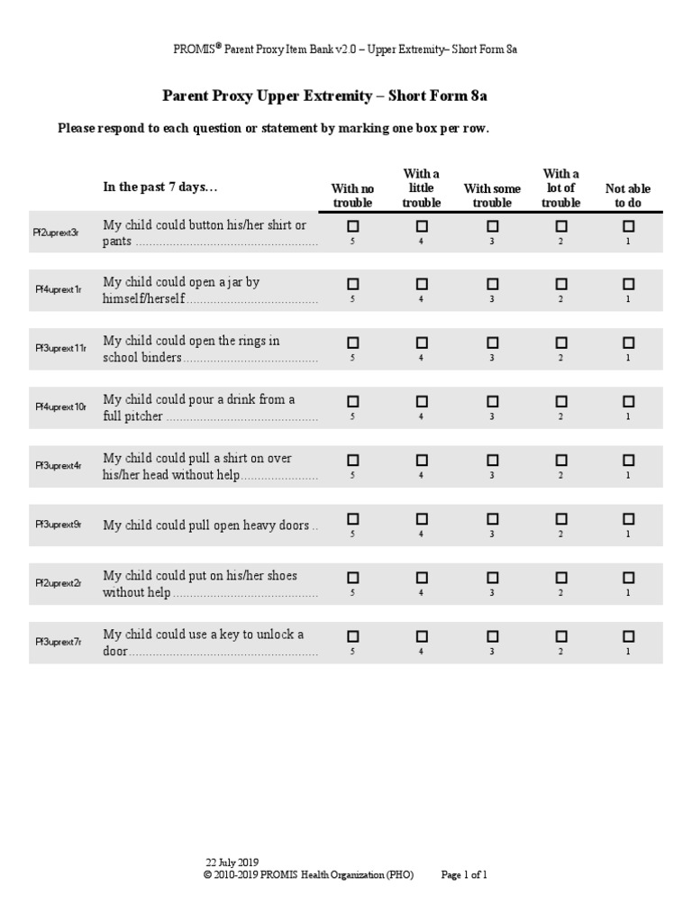 PROMIS Parent Proxy SF v2.0 - Upper Extremity 8a 7-22-2019 | PDF