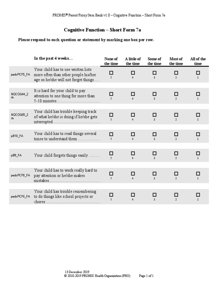 PROMIS Parent Proxy SF v1.0 - Cog Function 7a 12-13-19 | PDF | Cognitive Science | Cognition
