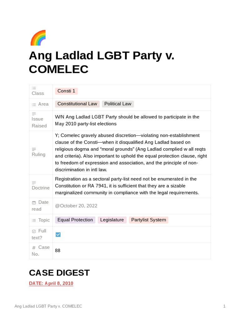 Ang - Ladlad - LGBT - Party - v. - Comelec | PDF | Equal Protection ...