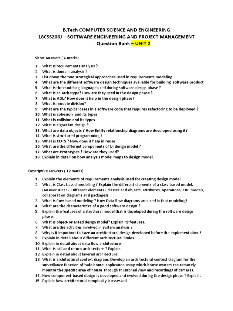 Question Bank Unit 2 - Updated | PDF | Component Based Software Engineering | Conceptual Model