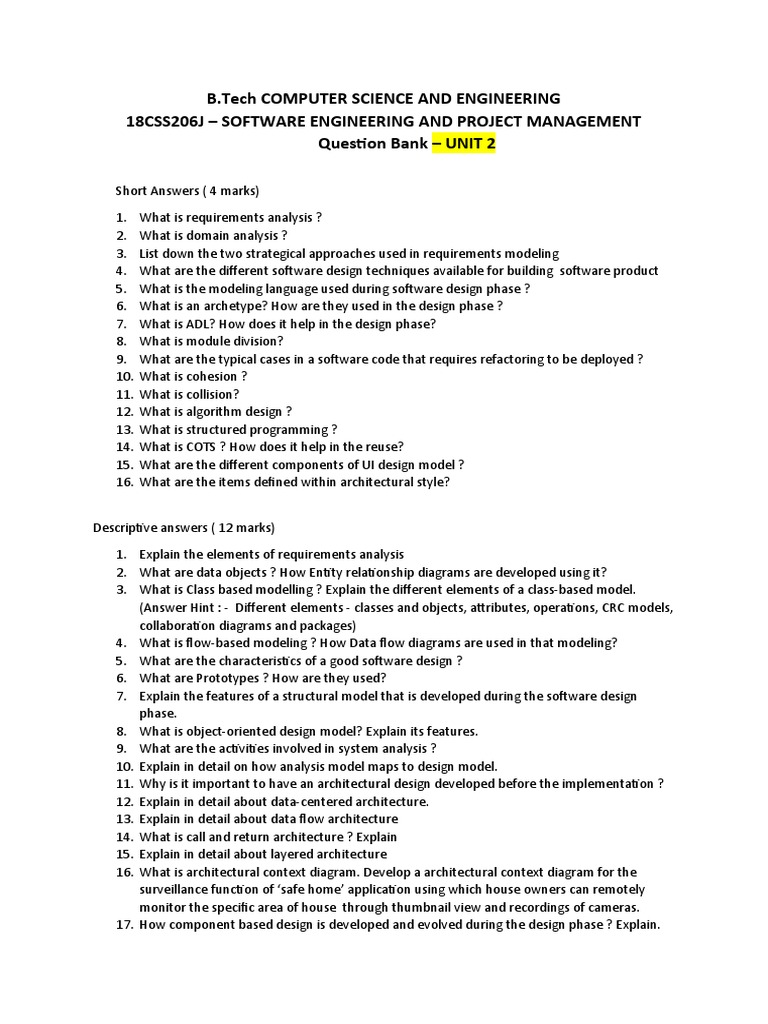 Question Bank Unit 2 Sepm | PDF | Component Based Software Engineering | Conceptual Model