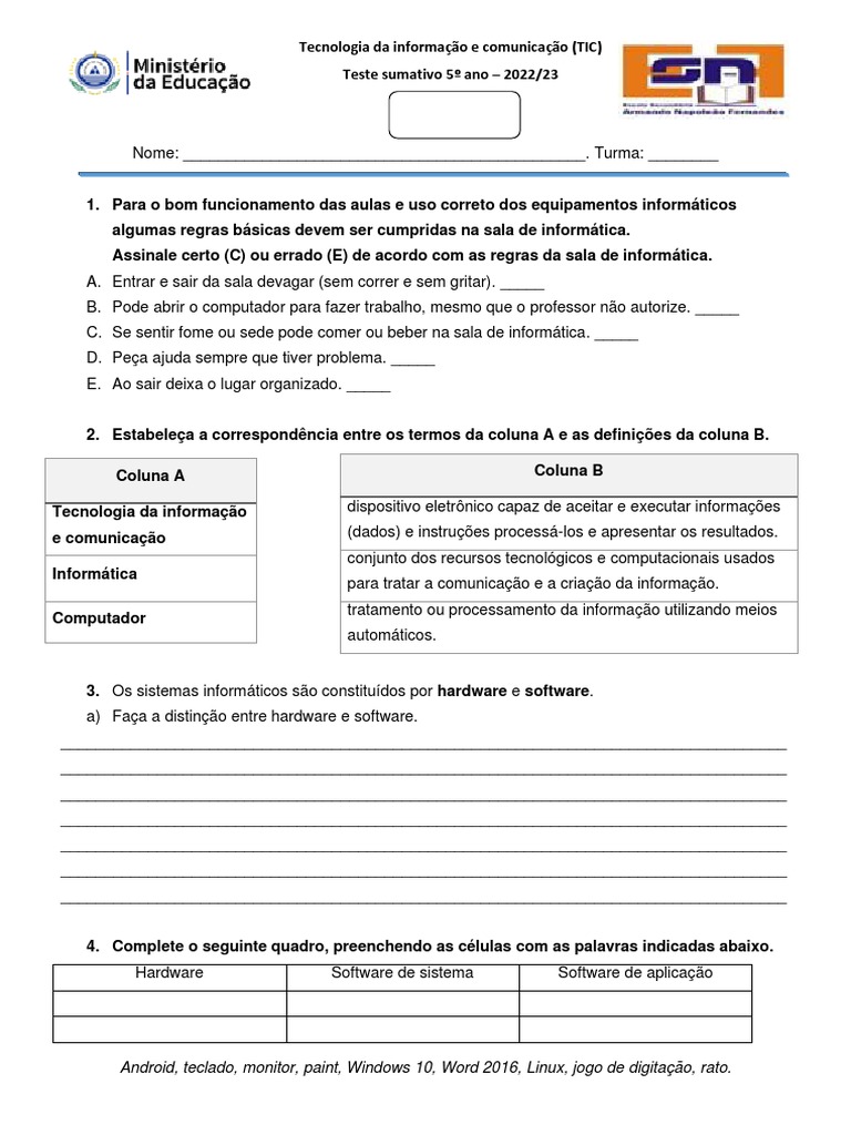 Teste TIC 5º Ano | PDF | Hardware de computador | Programas