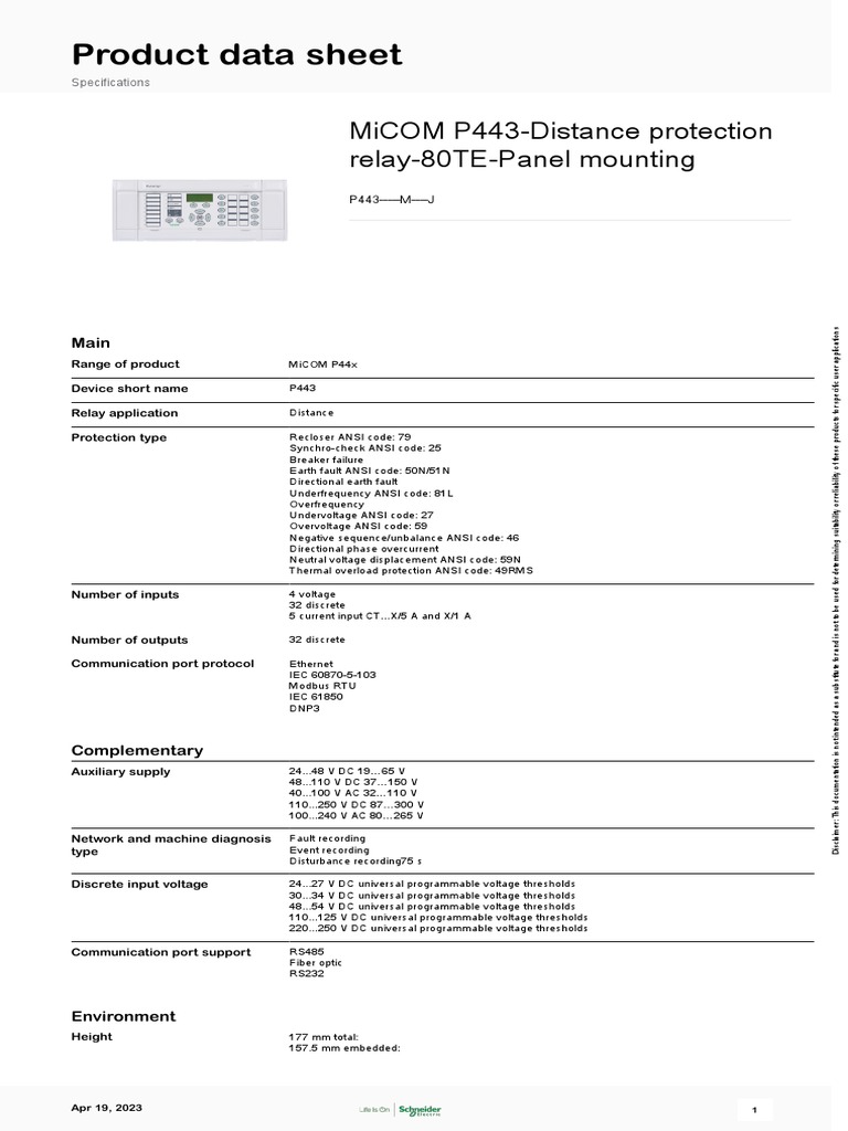 Easergy MiCOM P44x - P443 - M - J | PDF | Power Supply | Power (Physics)