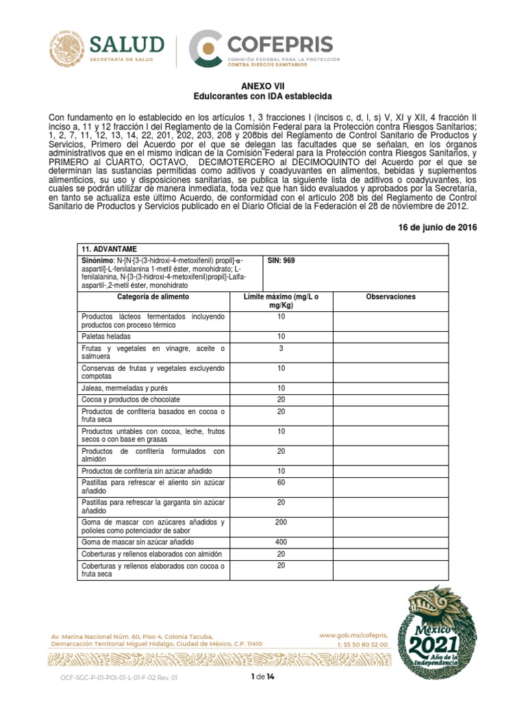 Anexo Vii Edulcorantes Con IDA Establecida: 11. Advantame Sinónimo: N ...