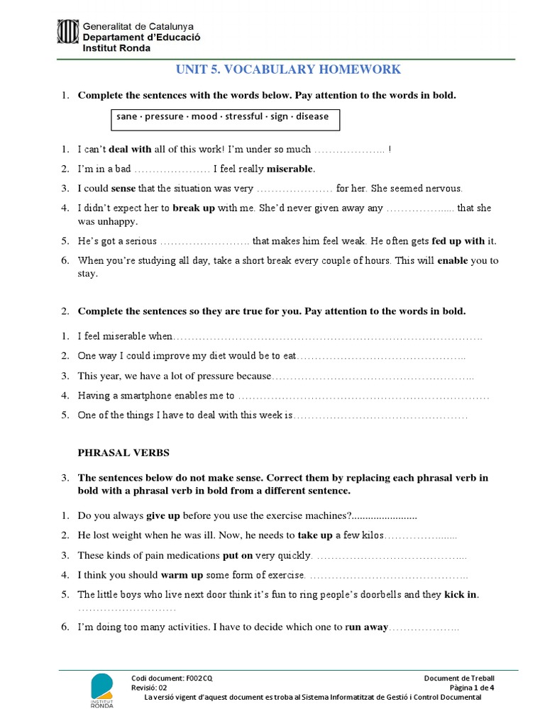 Unit 5. Vocabulary Homework: Phrasal Verbs | PDF | Adolescence | Mood ...