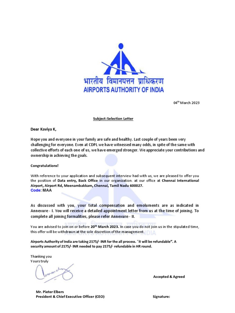 Selection Letter | PDF | Employment | Insurance