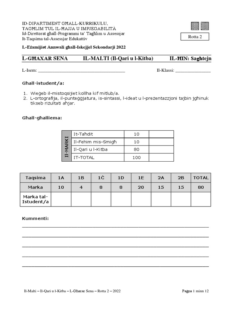 L-Għaxar Sena Il-Malti (Il-Qari U L-Kitba) Il-Ħin: Sagħtejn | PDF