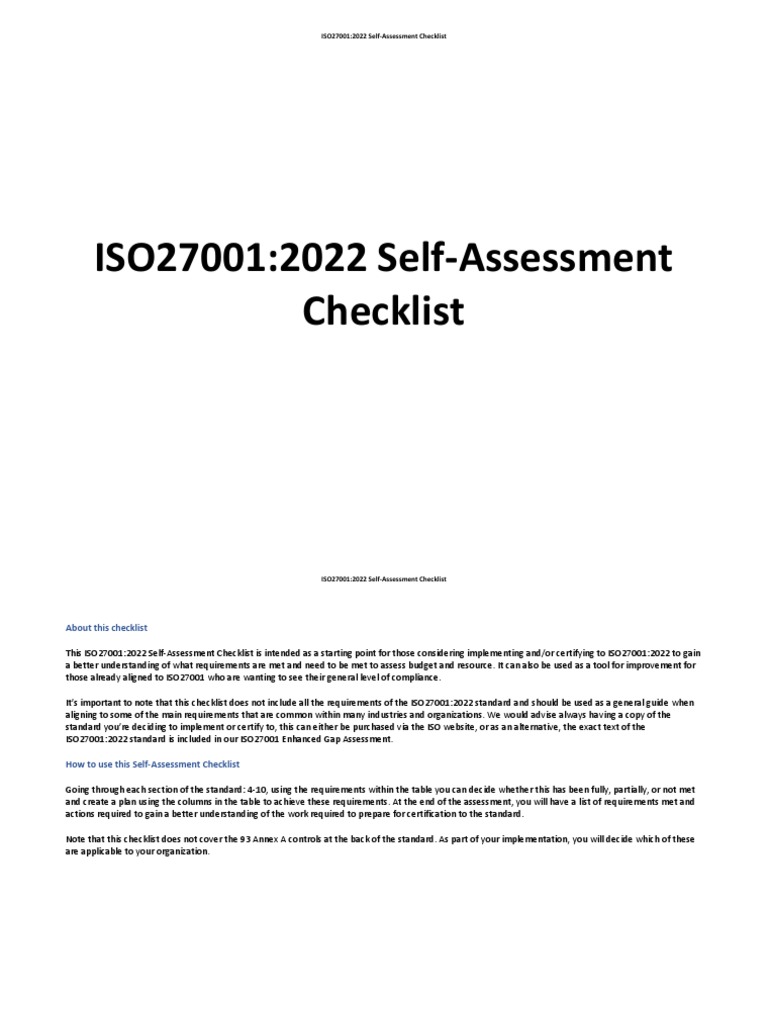 Assessing Readiness For Iso27001 Certification A Self Evaluation Of
