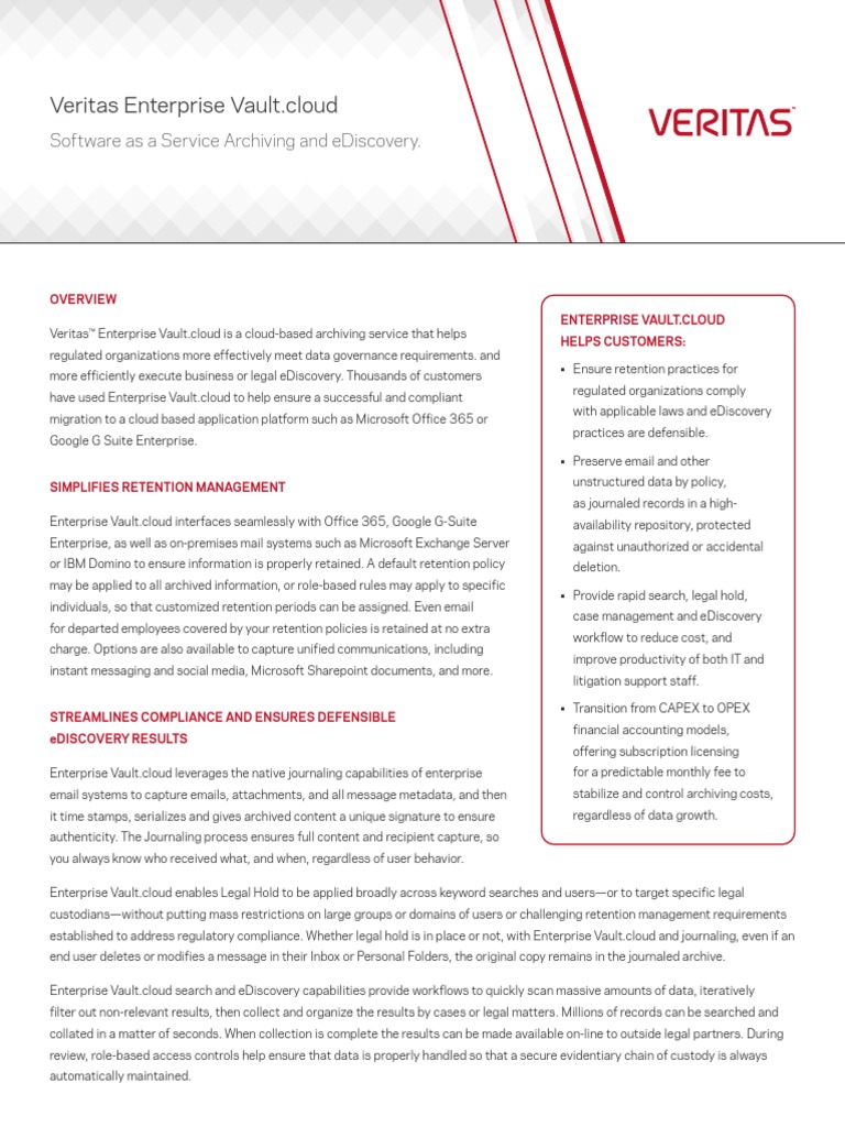 Veritas Enterprise Vault - Cloud: Software As A Service Archiving and Ediscovery | PDF | Cloud ...