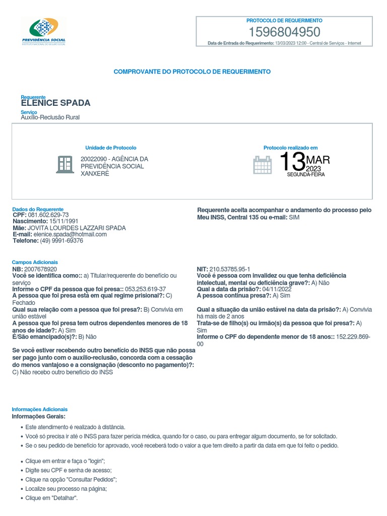 Elenice Spada: Comprovante Do Protocolo de Requerimento | PDF
