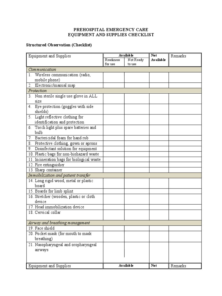 Prehospital Emergency Care Equipment Checklist | PDF | Clinical ...