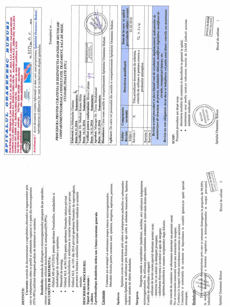 Procedura de Curatenie Si Dezinfectie A Spatiilor Compartimentelor Rev ...