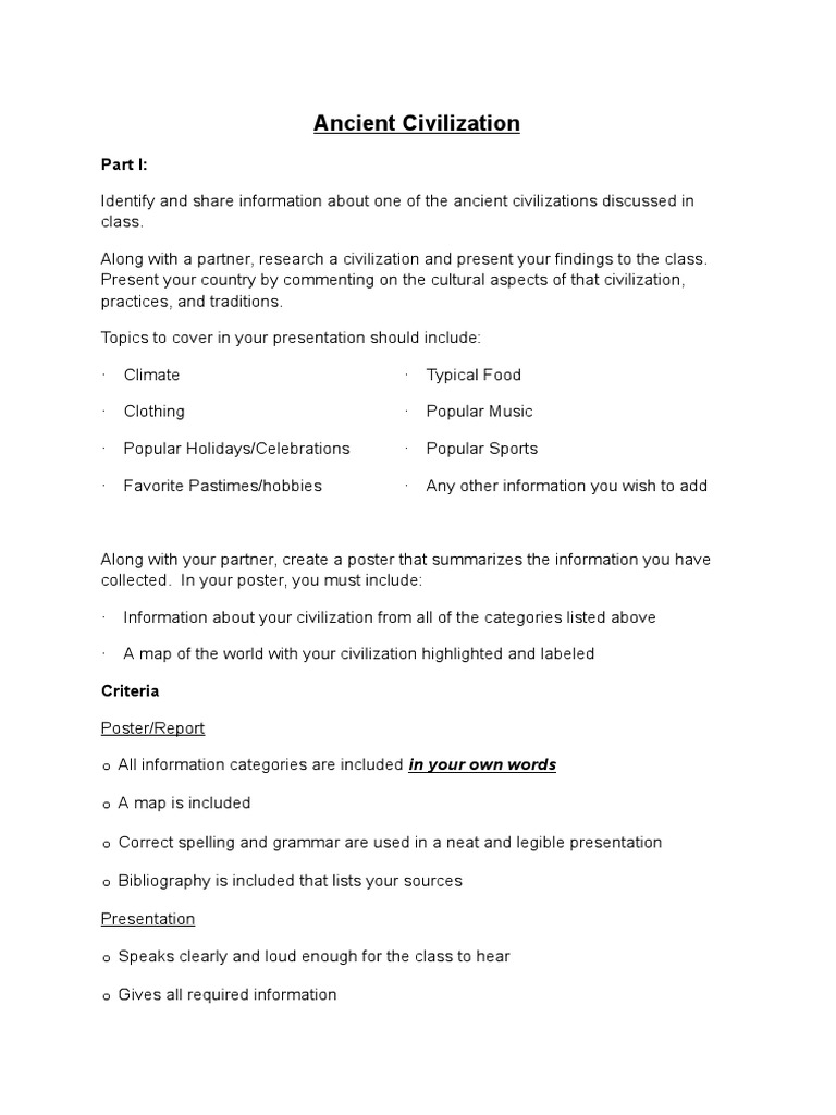 Ancient Civilization Project For 6th Grade | PDF