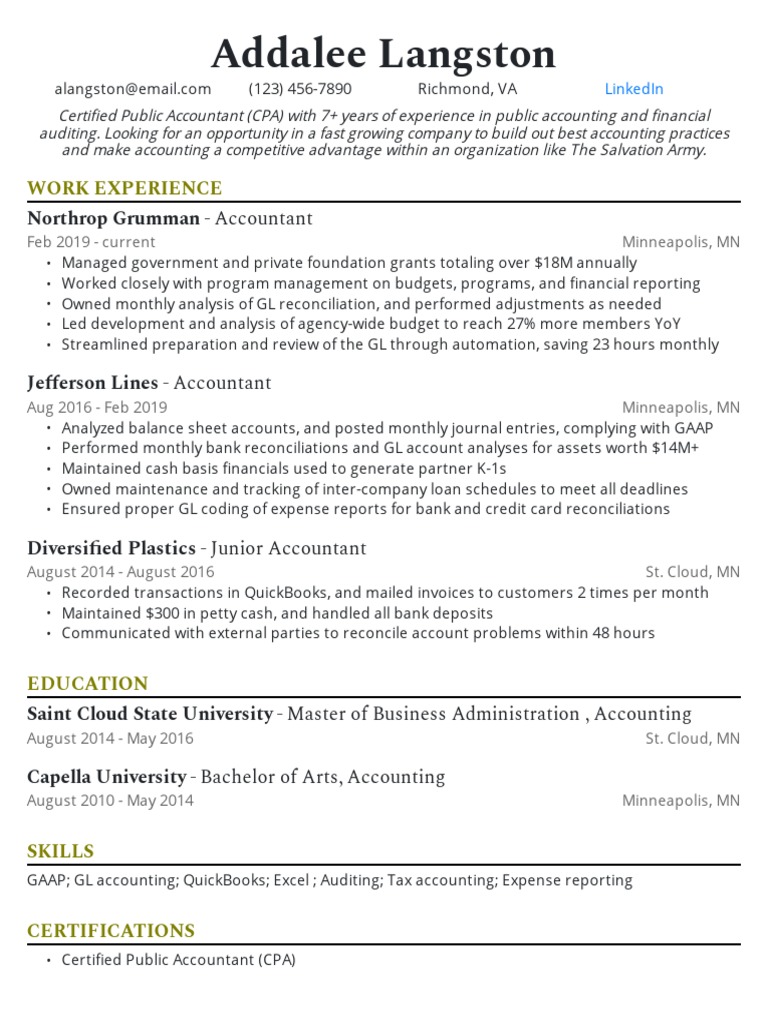 CPA Resume for Addalee Langston | PDF | Finance & Money Management