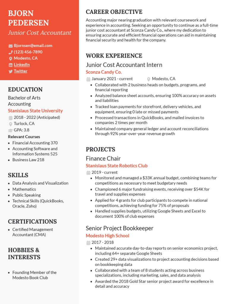 Junior Costs Accountant Resume Example | PDF | Bookkeeping | Accounting