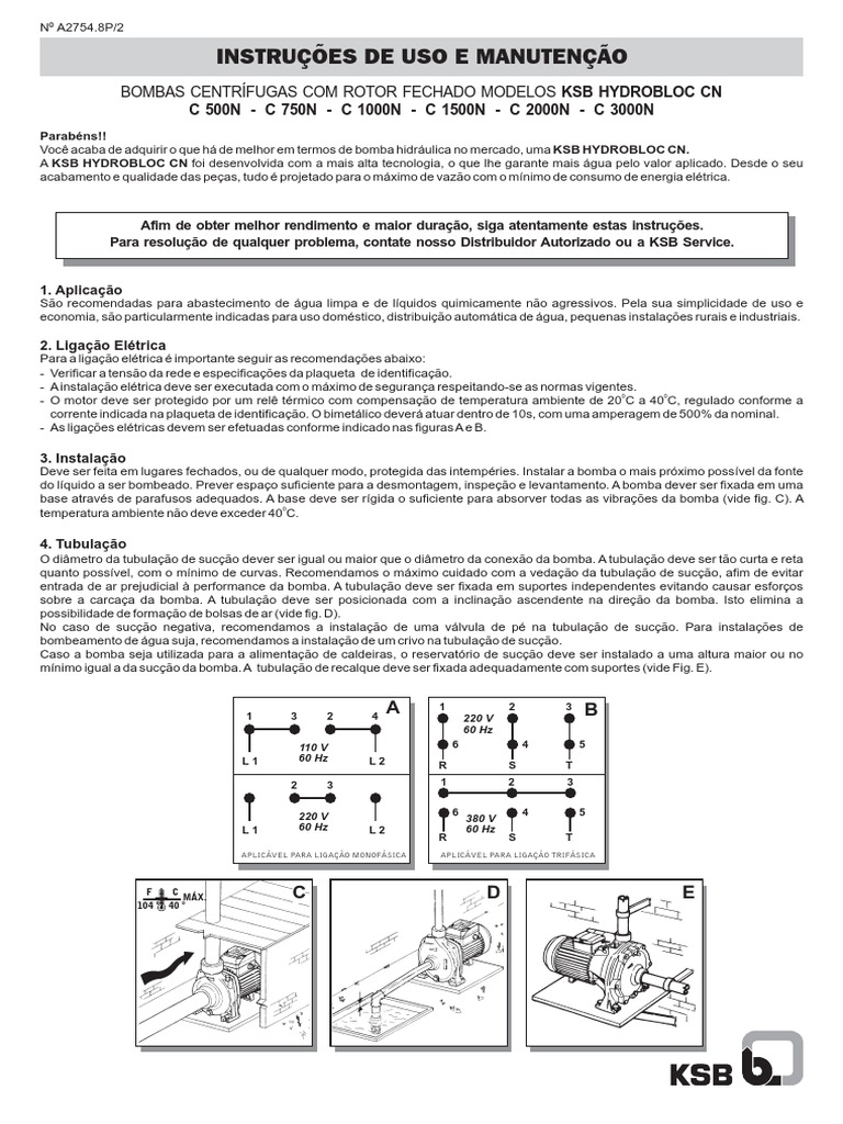 Manual - Bomba Centrífuga KSB Hydrobloc C 500 | PDF | Bomba | Motores