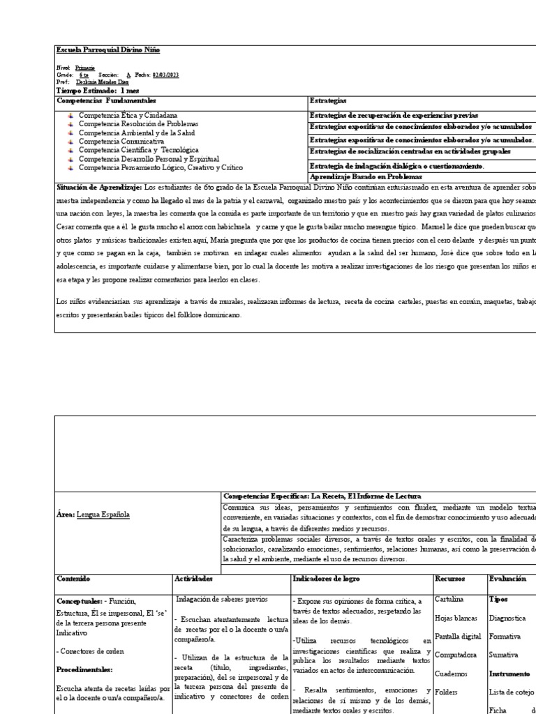 Aprendizaje en 6to Grado: Recetas y Cultura | PDF