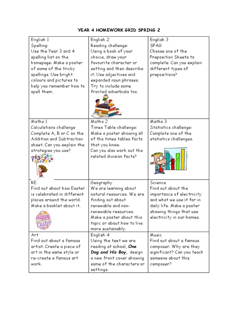 Year 4 Homework Grid Spring 2: Dog and His Boy, Design | PDF