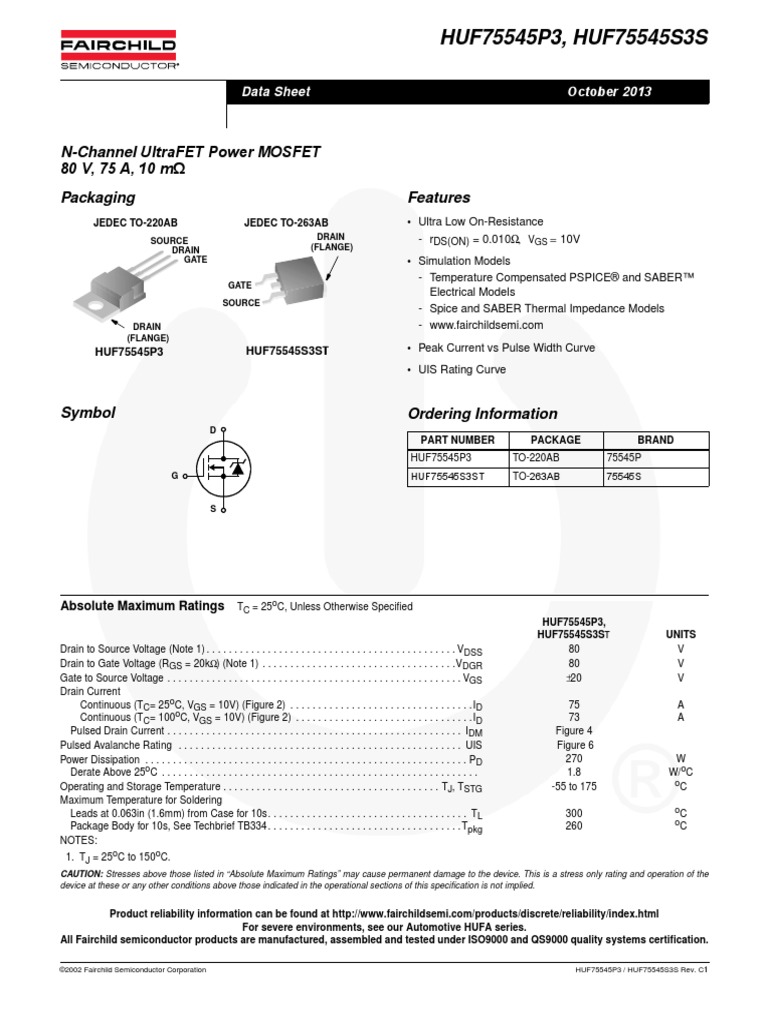 HUF75545P3 | Download Free PDF | Field Effect Transistor | Electrical Engineering