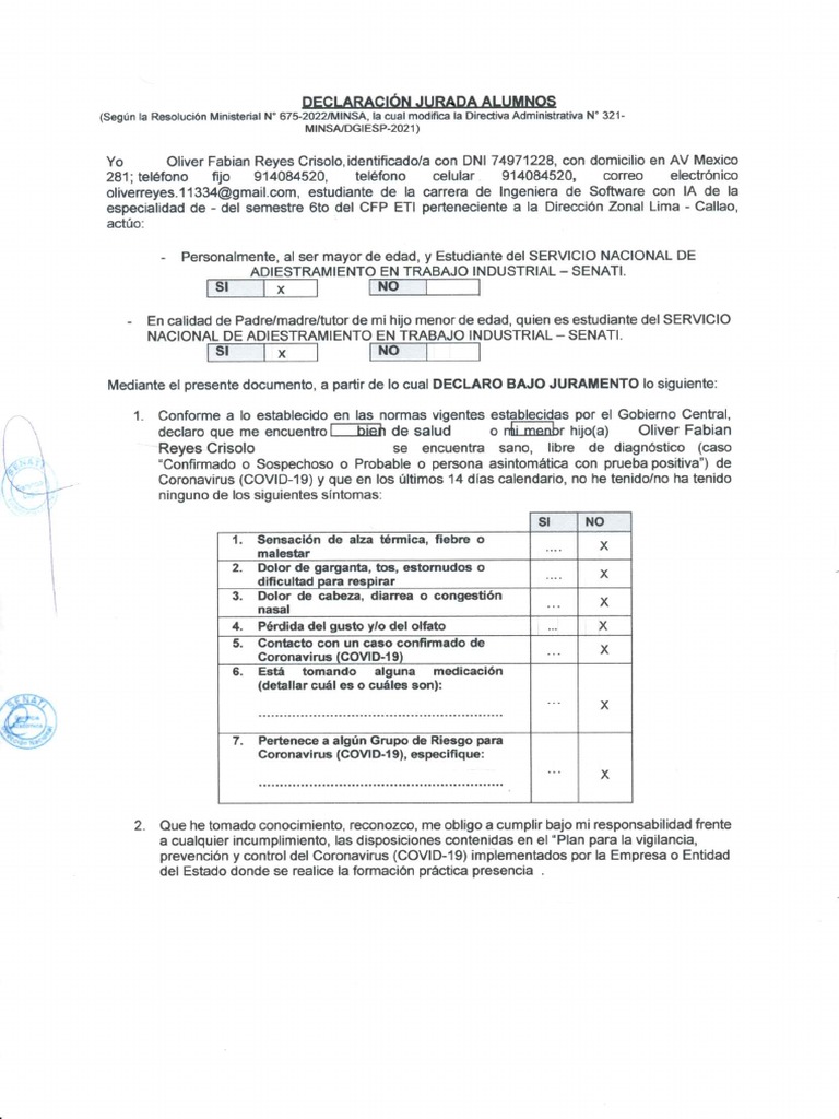 ANEXO #02 - Declaración Jurada de Alumnos | PDF