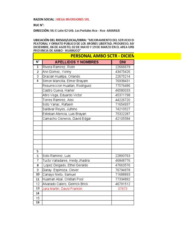 Personal SCTR Mega Inversiones Ambo | PDF