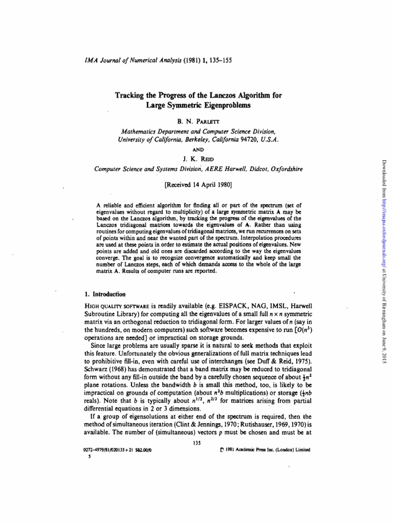 Tracking The Progress of The Lanczos Algorithm For Large Symmetric Eigenproblems | PDF ...