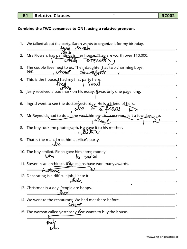 B1 Relative Clauses RC002: Combine The TWO Sentences To ONE, Using A ...