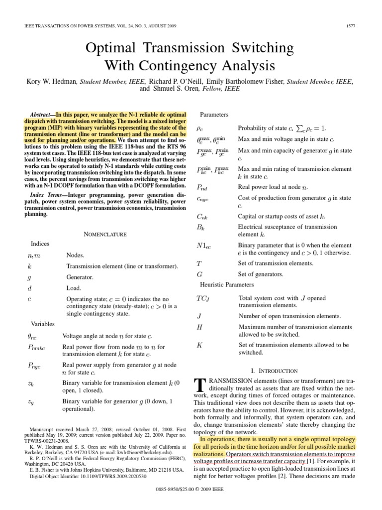 Optimal Transmission Switching With Contingency Analysis - Richard O'Neill - 2009 | PDF ...