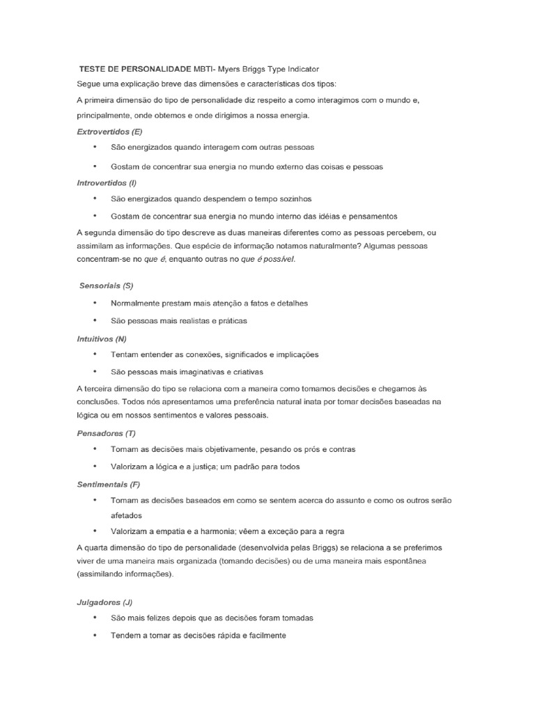 TESTE DE PERSONALIDADE MBTI - PDF - TOAZ - INFO | PDF