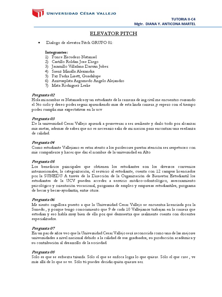 Elevator Pitch Guión - Grupo 01 | PDF