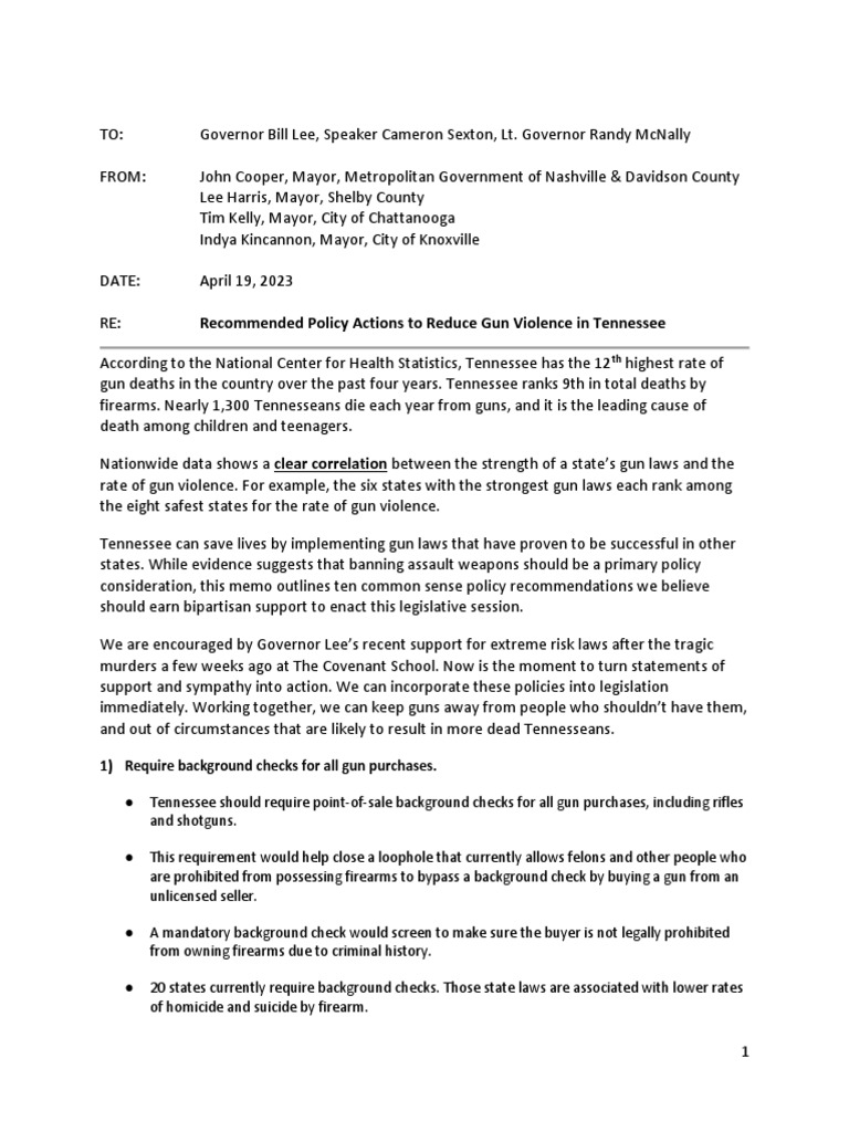 Tennessee Gun Violence Policy Recommendations | PDF | Concealed Carry ...