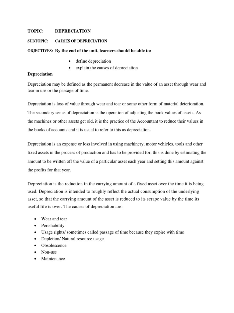 Topic: Depreciation: Subtopic: Causes of Depreciation Objectives | PDF | Depreciation | Fixed Asset