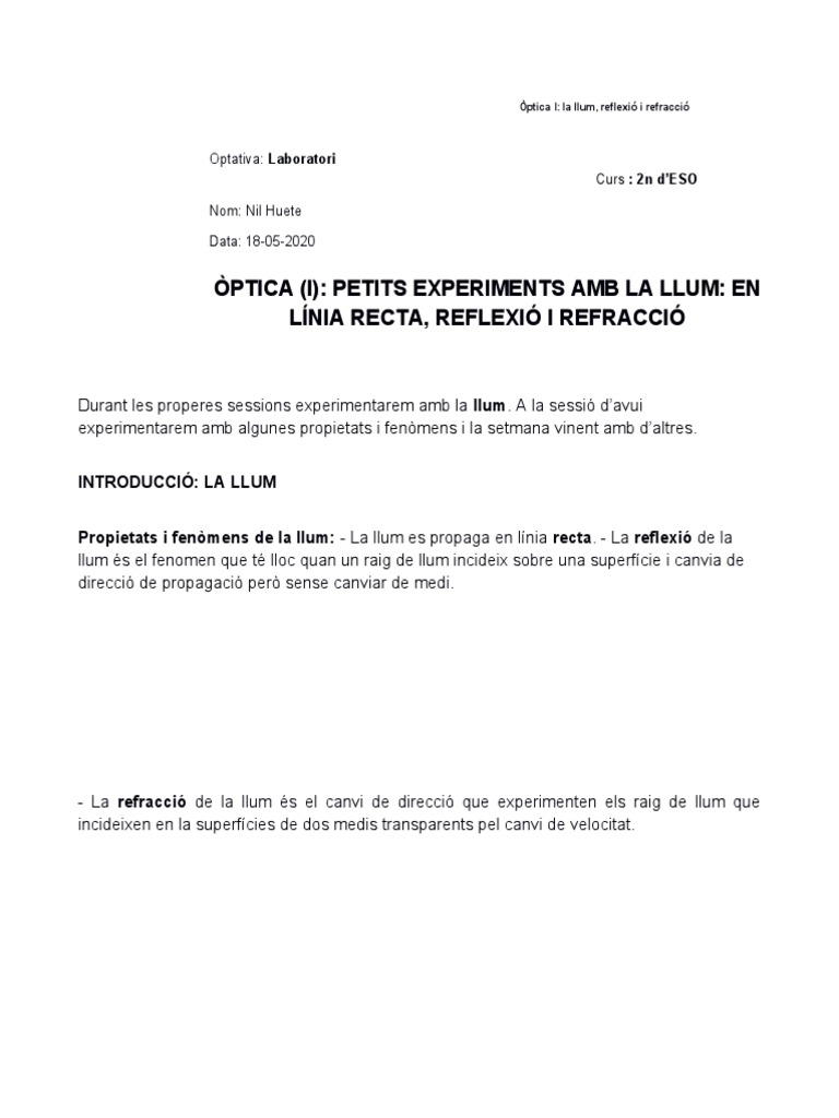 Òptica (I) : Petits Experiments Amb La Llum: en Línia Recta, Reflexió I ...