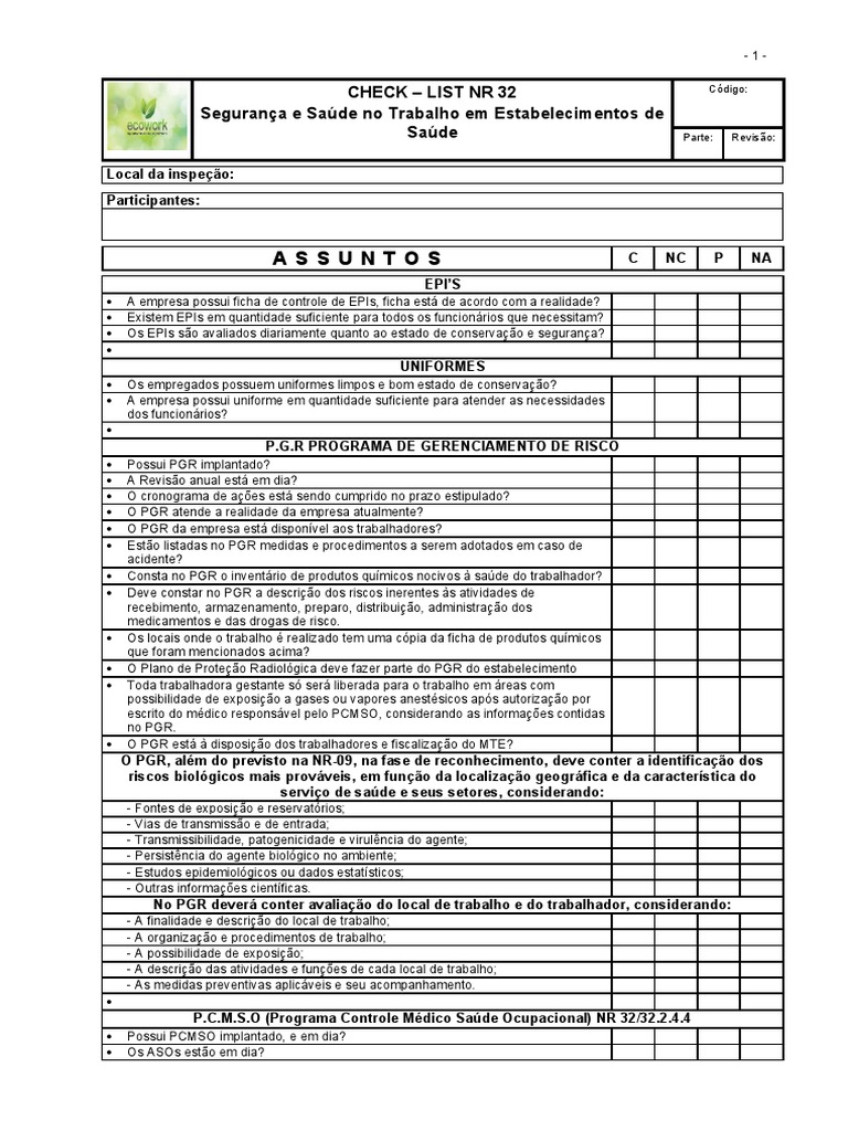 CheckList NR 32 Segurança e Saúde No Trabalho em Estabelecimentos de ...