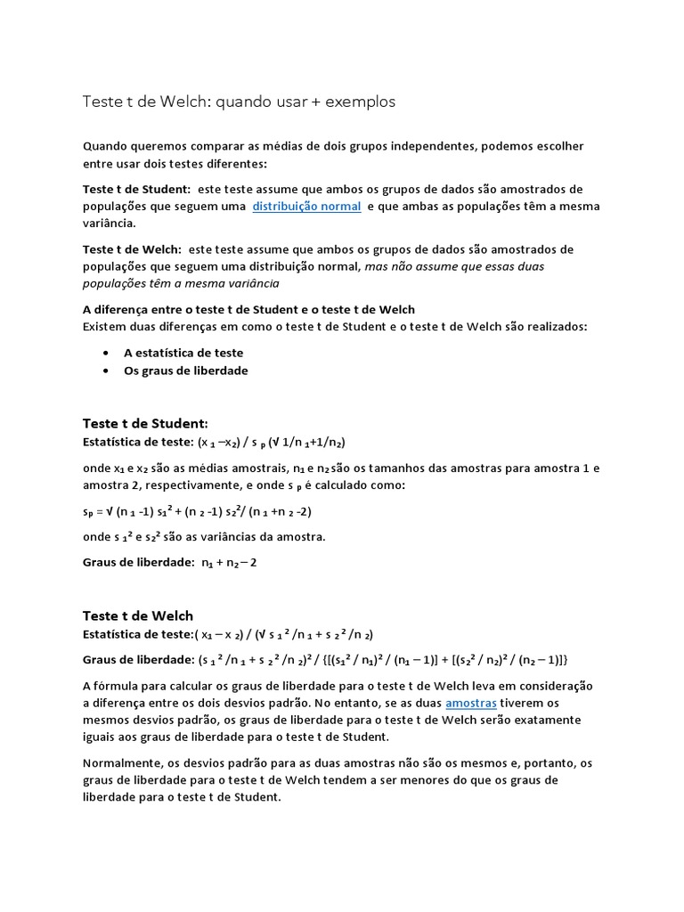 Teste de Welch | PDF | Teste T de Student | P-valor
