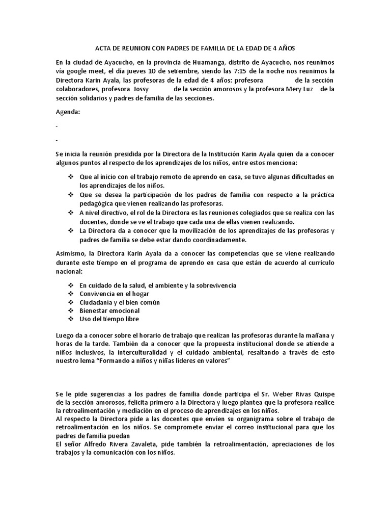 Acta de Reunion Con Padres de Familia de La Edad de 4 Años | PDF