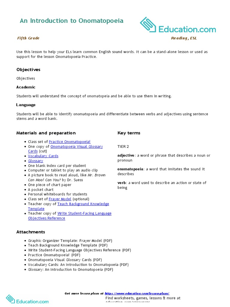 Onomatopoeia Lesson Plan | PDF