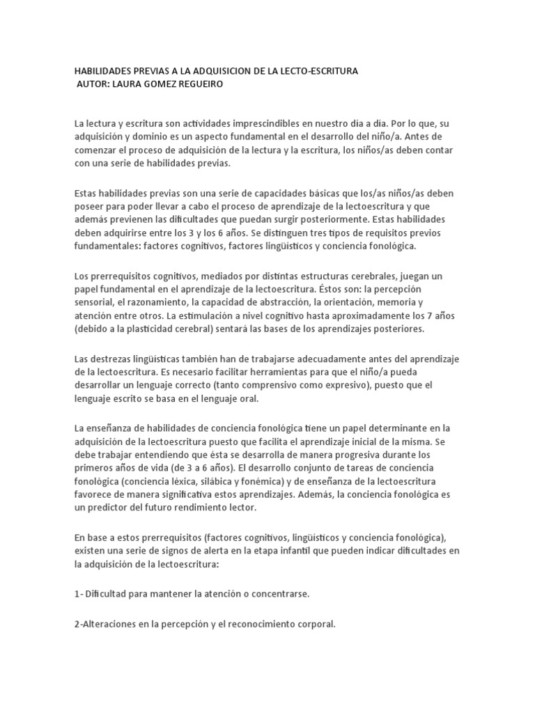 Habilidades Previas para la Lectoescritura | PDF | Aquisición de idioma ...
