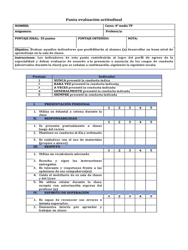 Pauta Evaluación Actitudinal | PDF | Ciencia cognitiva | Conceptos psicologicos