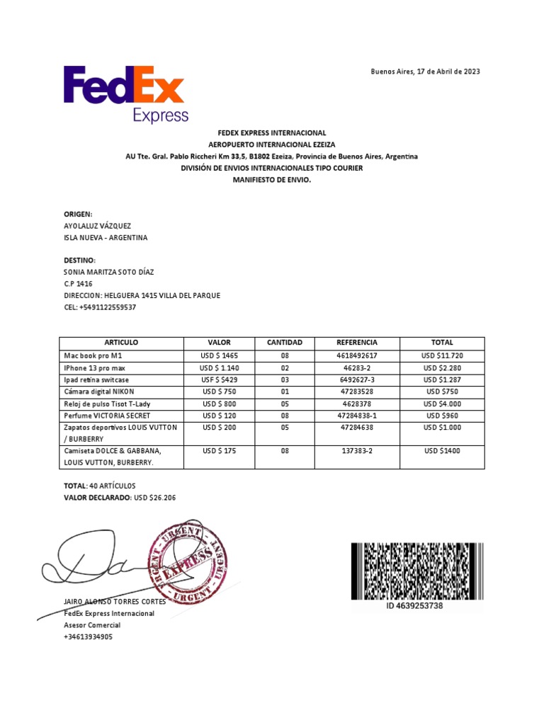 Manifiesto de Envío FedEx Ezeiza 2023 | PDF