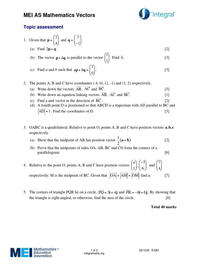 MEI AS Mathematics Vectors: Topic Assessment | PDF | Mathematics ...