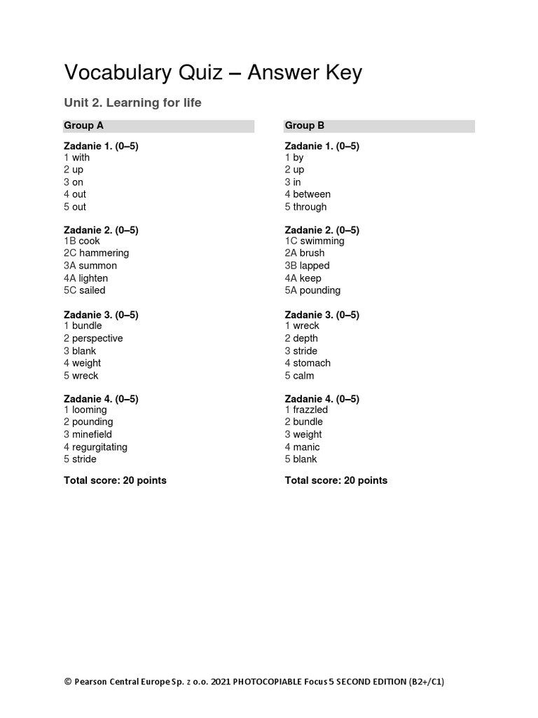 Focus5 2E Vocabulary Quiz Unit2.1 GroupA&B ANSWERS | PDF