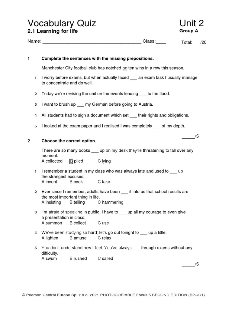 Vocabulary Quiz Unit 2: 2.1 Learning For Life | PDF | Language Arts ...